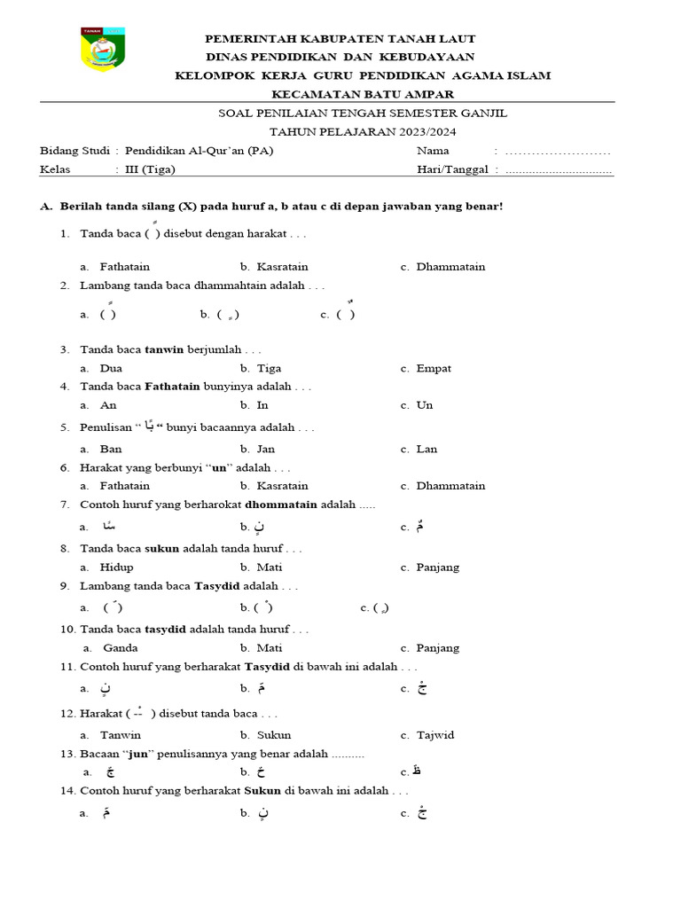 Soal PTS Ganjil BTA Kls 3 | PDF