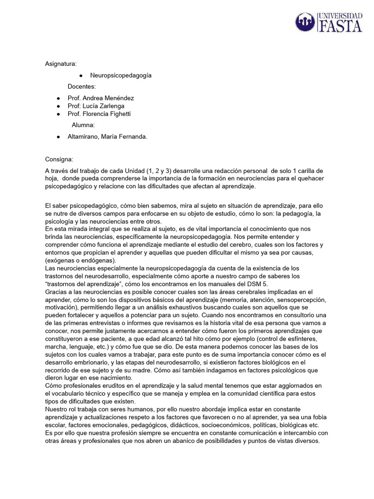 TP 1 - Neuro - Altamirano Fernanda | PDF | Aprendizaje | Enseñando