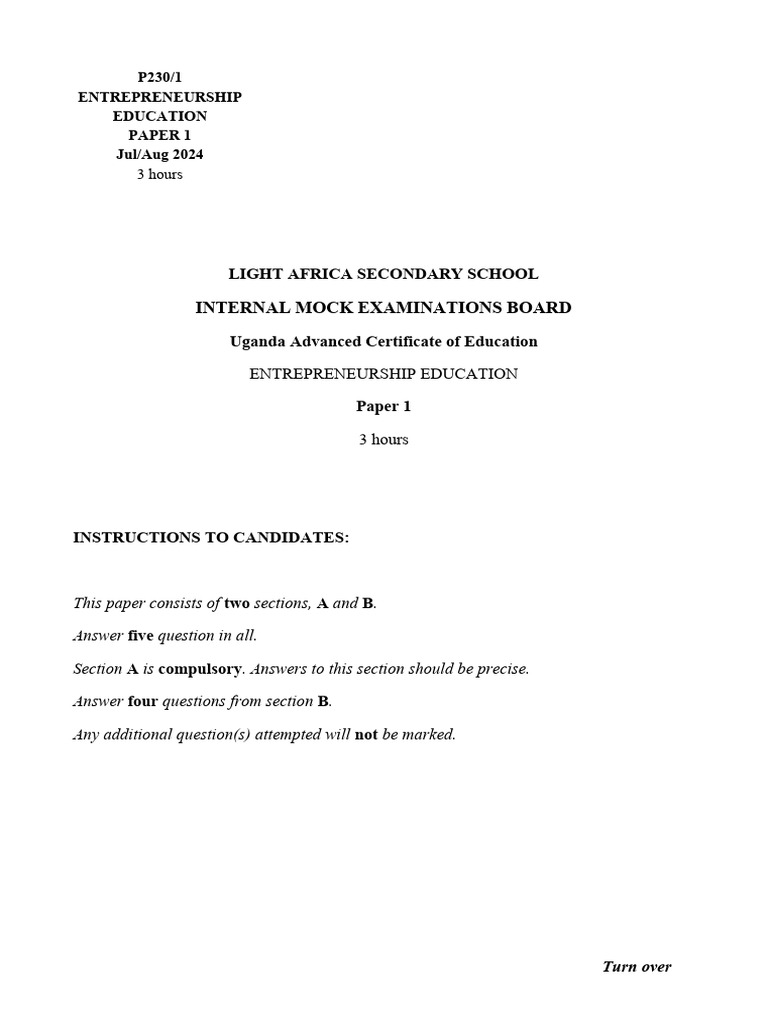 S6 Ent 1 2024 Mock | PDF | Entrepreneurship | Economies