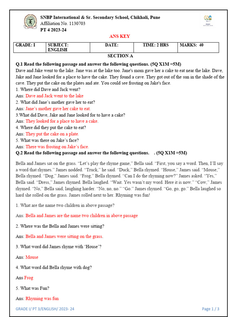 PT 4 (GRADE 1 ) ENGLISH ANS KEY 2023_24 | PDF