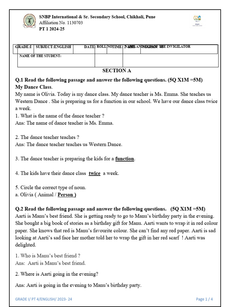 PT-1 (Grade 1) English Question Paper With Answers 2024-25 | PDF