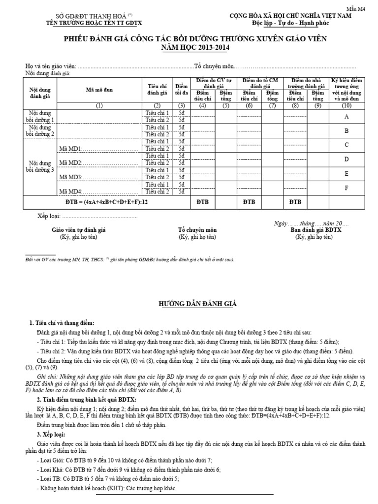 M4-Phieu Danh Gia Cong Tac BDTX | PDF