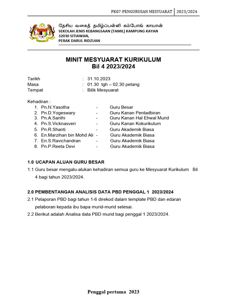 Minit Mesyuarat Kurikulum Bil 4 2023/2024 | PDF