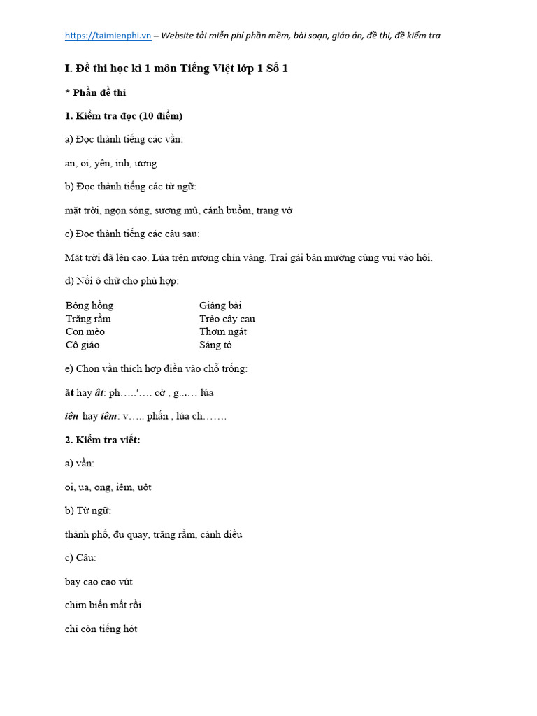 De Thi Hoc Ki 1 Mon Tieng Viet Lop 1 Nam Hoc 2019 2020 | PDF