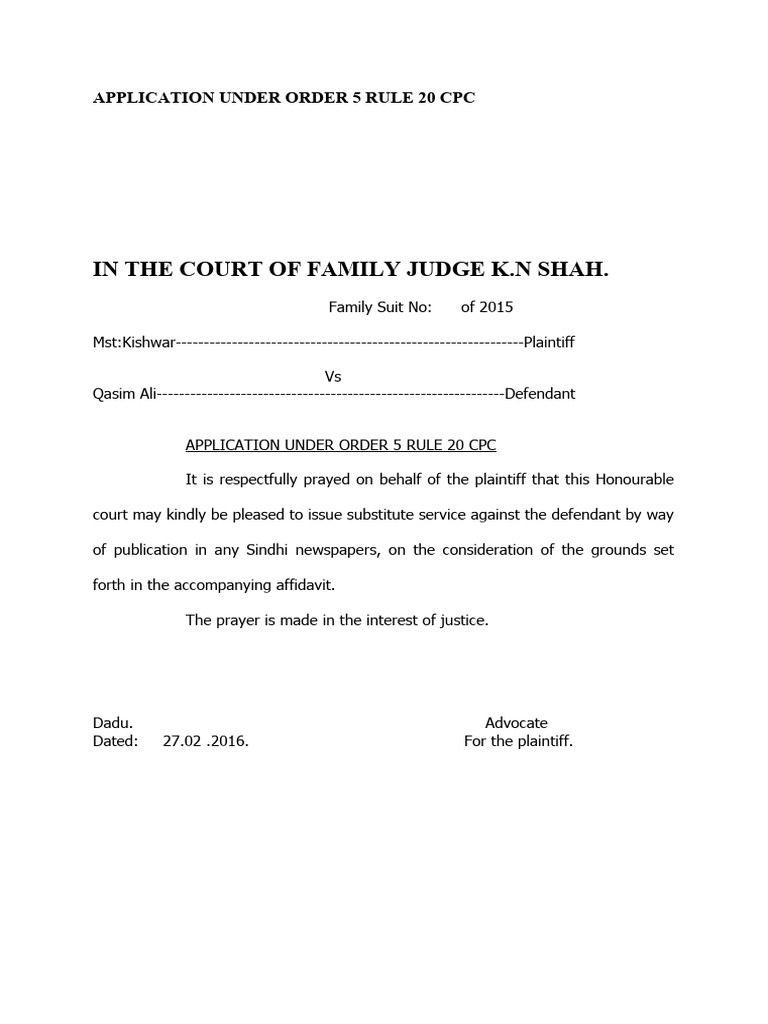 Application Under Order 5 Rule 20 CPC | PDF | Affidavit | Lawsuit