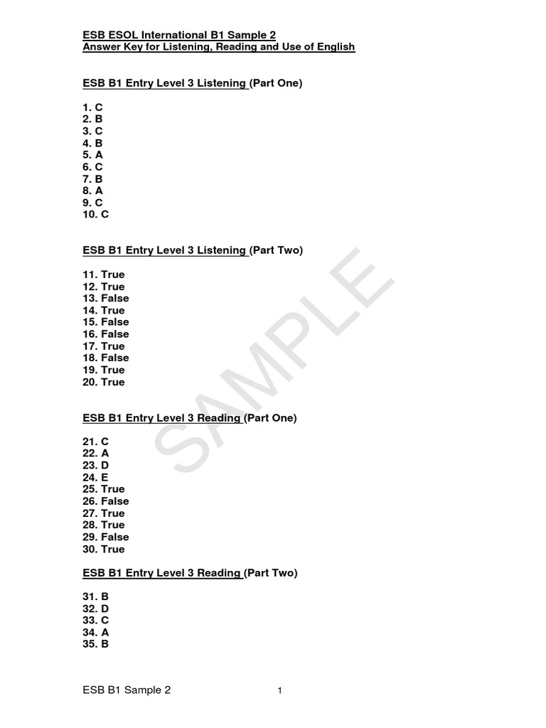ESB B1 Sample 2 Answer Key v2 | PDF