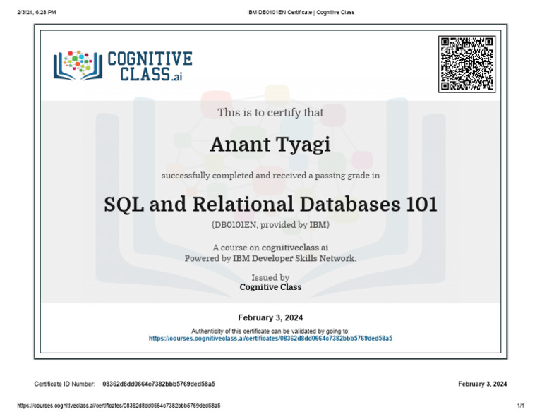 IBM SQL and R Dataset .Anant Certificate - Cognitive Class | PDF