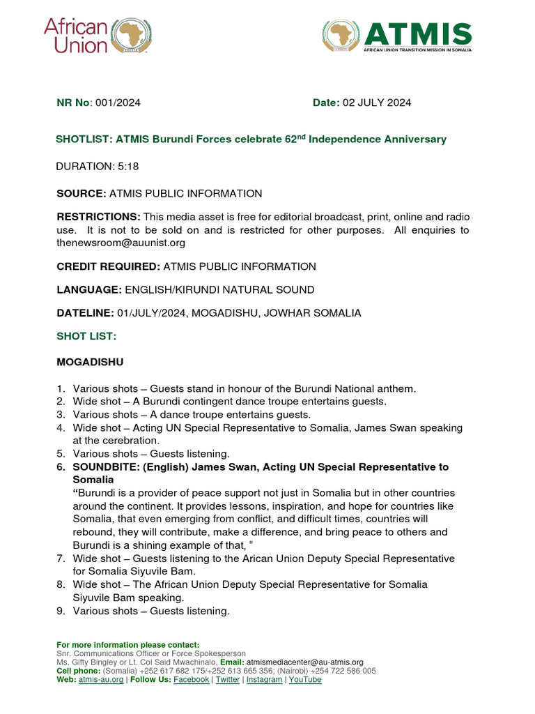 NEWS ARTICLE and SHOT LIST - ATMIS Burundi Forces Celebrate 62nd ...