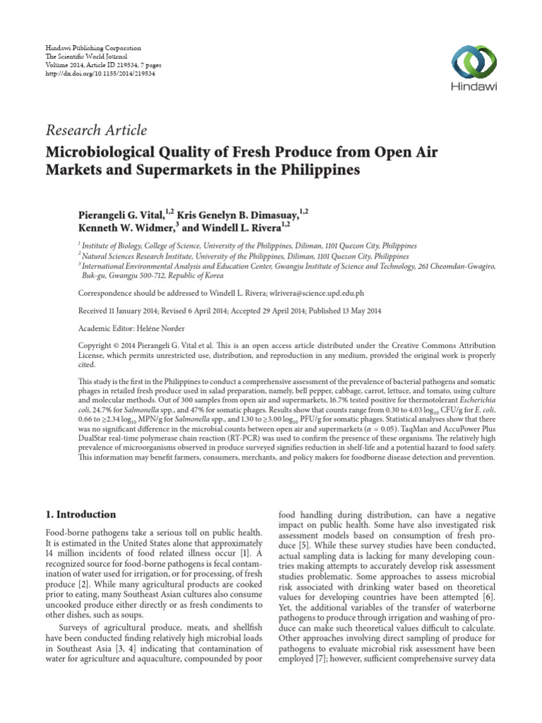 Microbiological Quality of Fresh Produce From Open Air Markets and Supermarkets in The ...