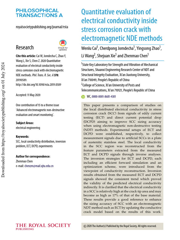 Cai Et Al 2020 Quantitative Evaluation Of Electrical Conductivity Inside Stress Corrosion Crack