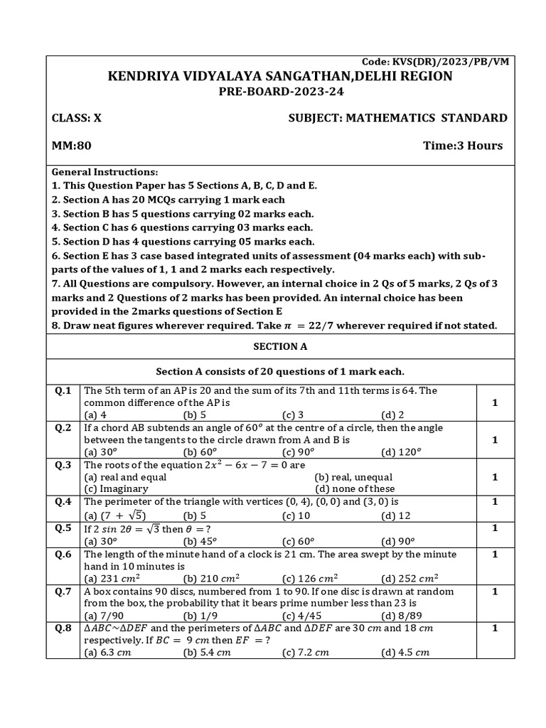 KV Delhi Region Set-1 | PDF | Sphere | Circle