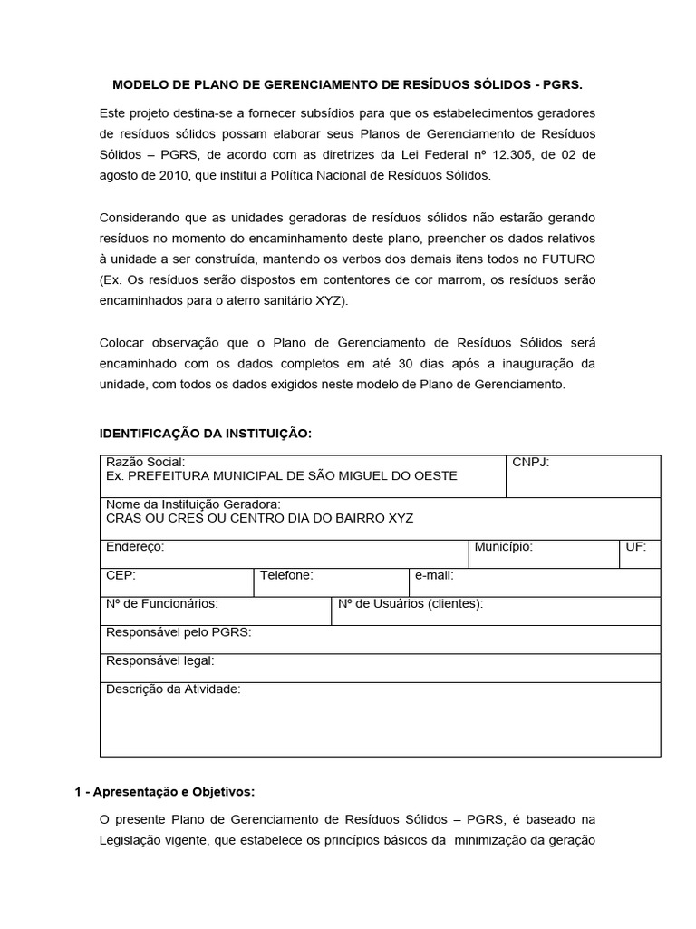 Modelo de PGRS para Resíduos Sólidos | PDF