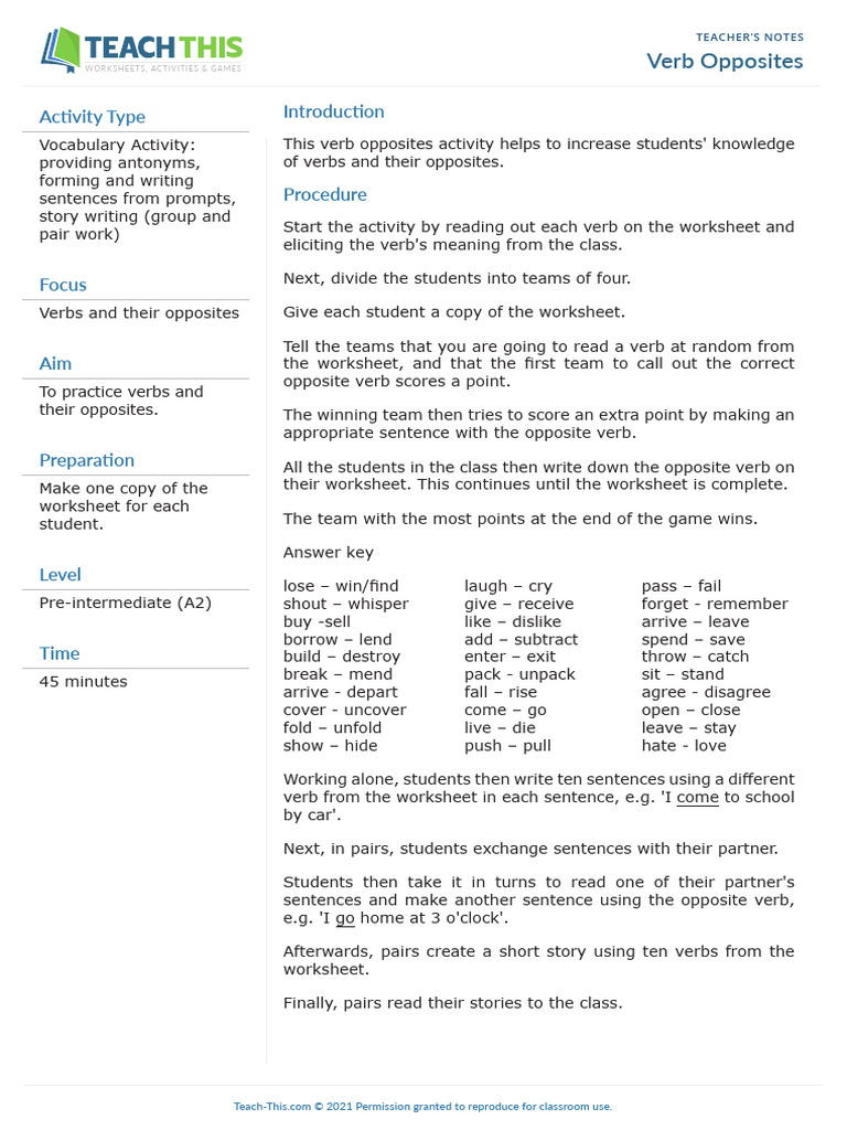 Verb Opposites | PDF | Linguistics | Grammar
