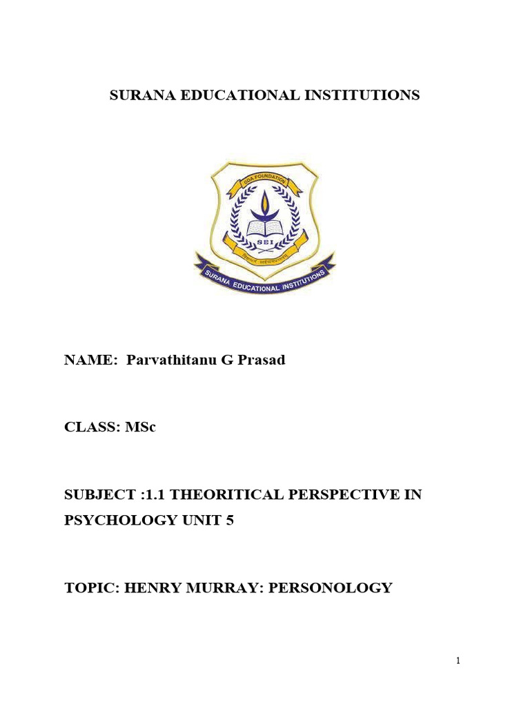 HENRY MURRAY Main | PDF | Id | Personality Psychology