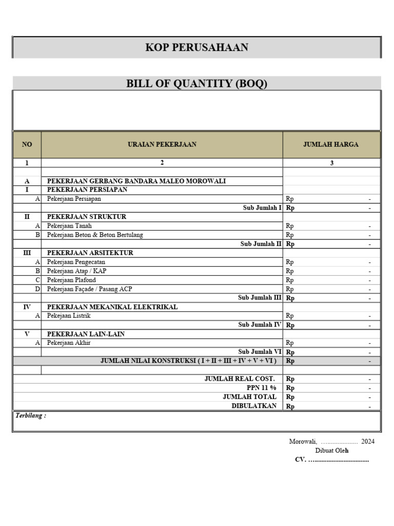 Kop Perusahaan Bill of Quantity (Boq) | PDF