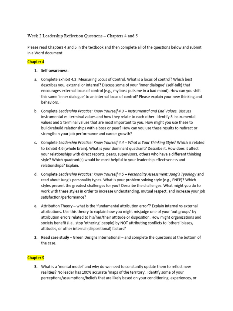 Leadership Reflection Week 2 Chapters 4-5 - Revised 9 - 22 | PDF | Attitude (Psychology) | Emotions