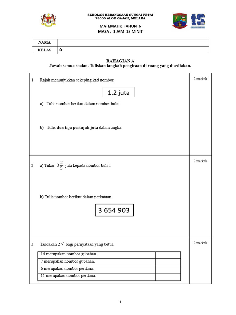 Ujian 1 Mate Tahun 6 2024 | PDF