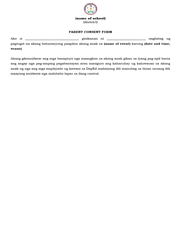 Binisaya Parent Consent Form Sample | PDF