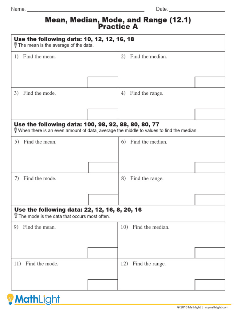 Practice Mean Median Mode and Range | PDF | Mean | Mode (Statistics)