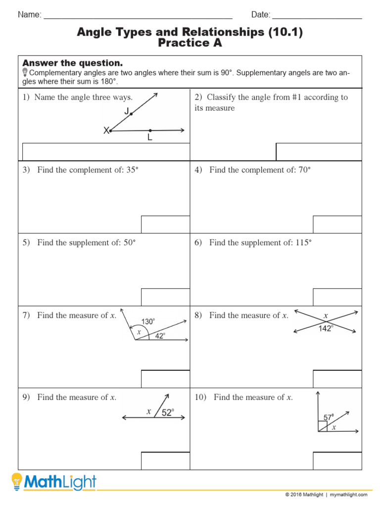 Practice Angle Types and Relationships | PDF | Angle | Quantity