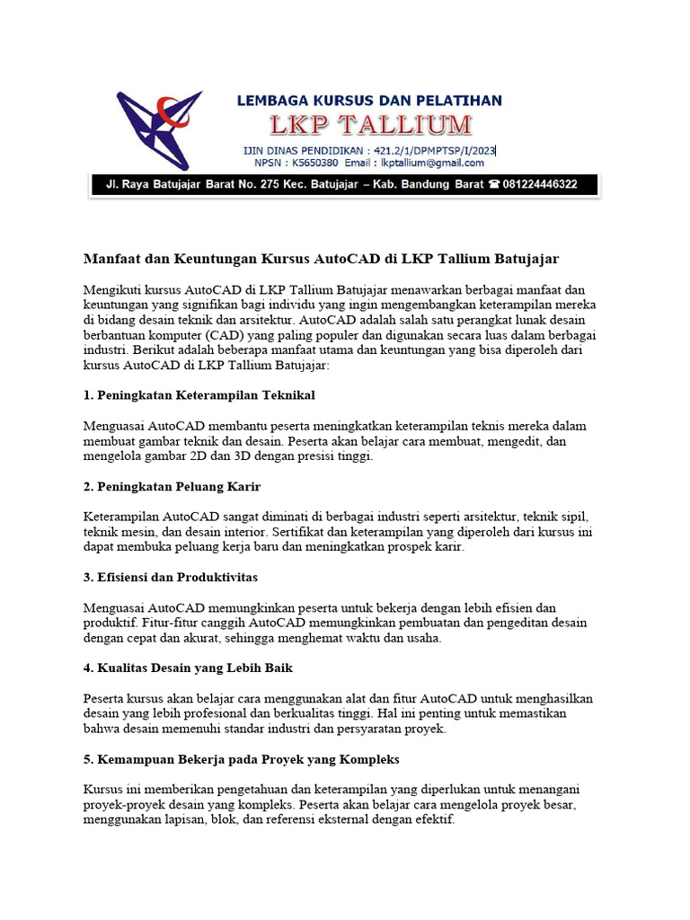 Manfaat Dan Keuntungan Kursus AutoCAD Di LKP Tallium Batujajar | PDF | Seni