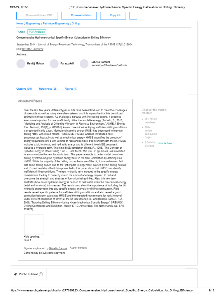 (PDF) Comprehensive Hydromechanical Specific Energy Calculation For Drilling Efficiency | PDF ...
