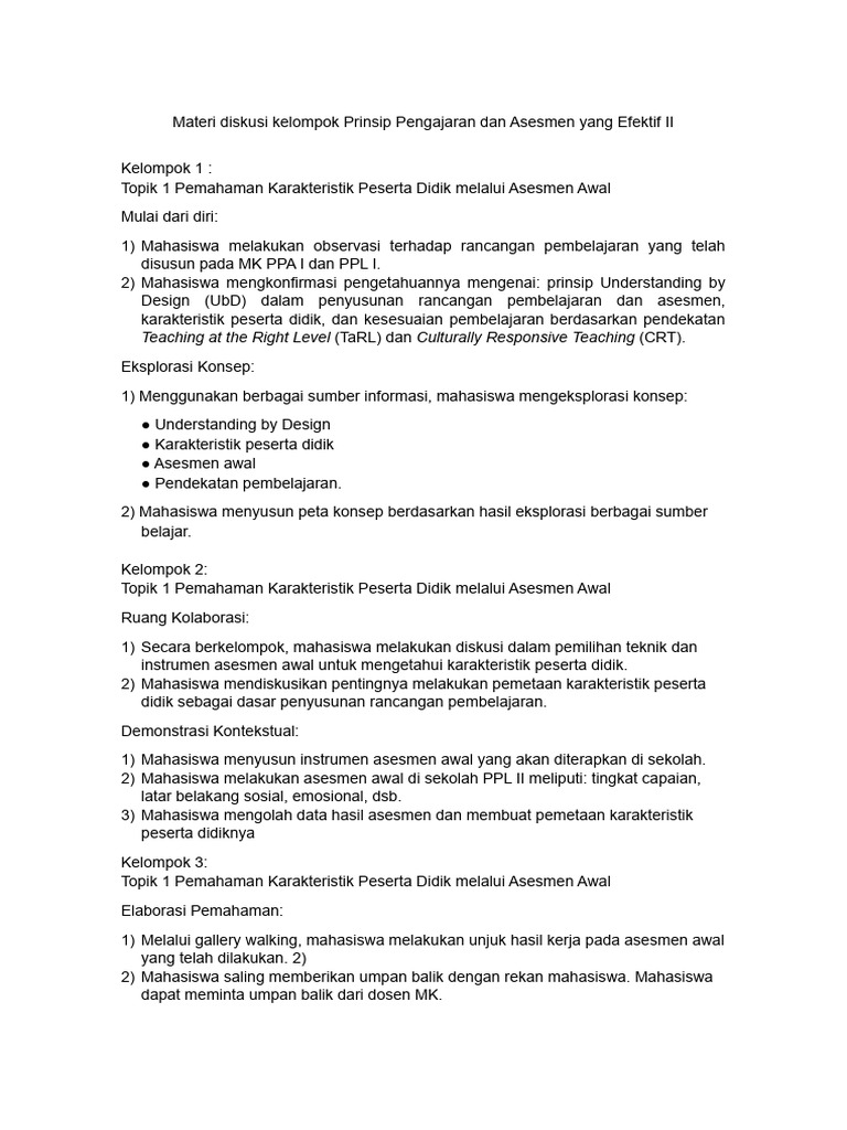 Materi Diskusi Kelompok Prinsip Pengajaran Dan Asesmen Yang Efektif II | PDF | Seni | Sains ...