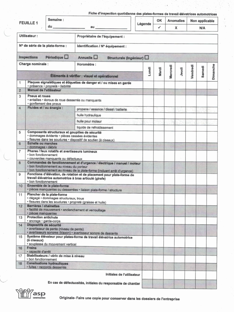 Fiche D'inspection Plateforme Élévatrice CFPML | PDF