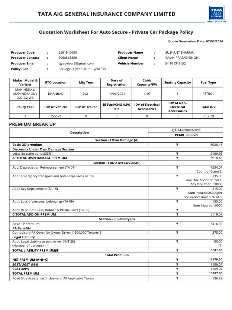 Tata AIG Motor Premium Quotation | PDF | Insurance | Financial Services