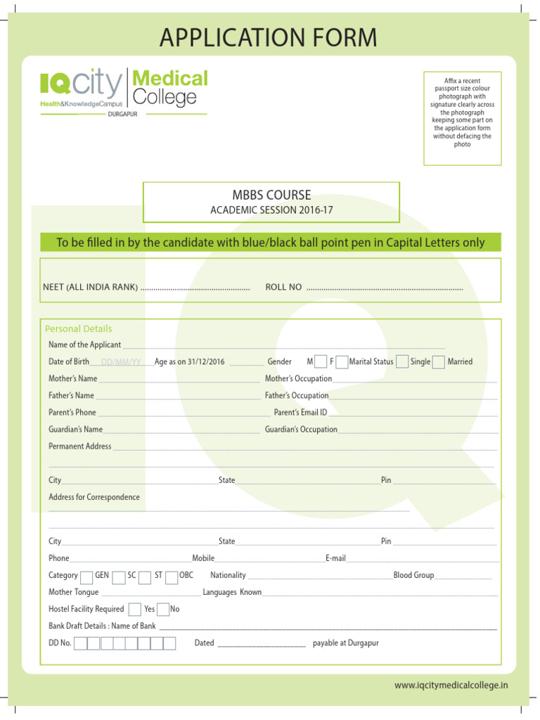 MBBS Application Form - IQ City Medical College | PDF