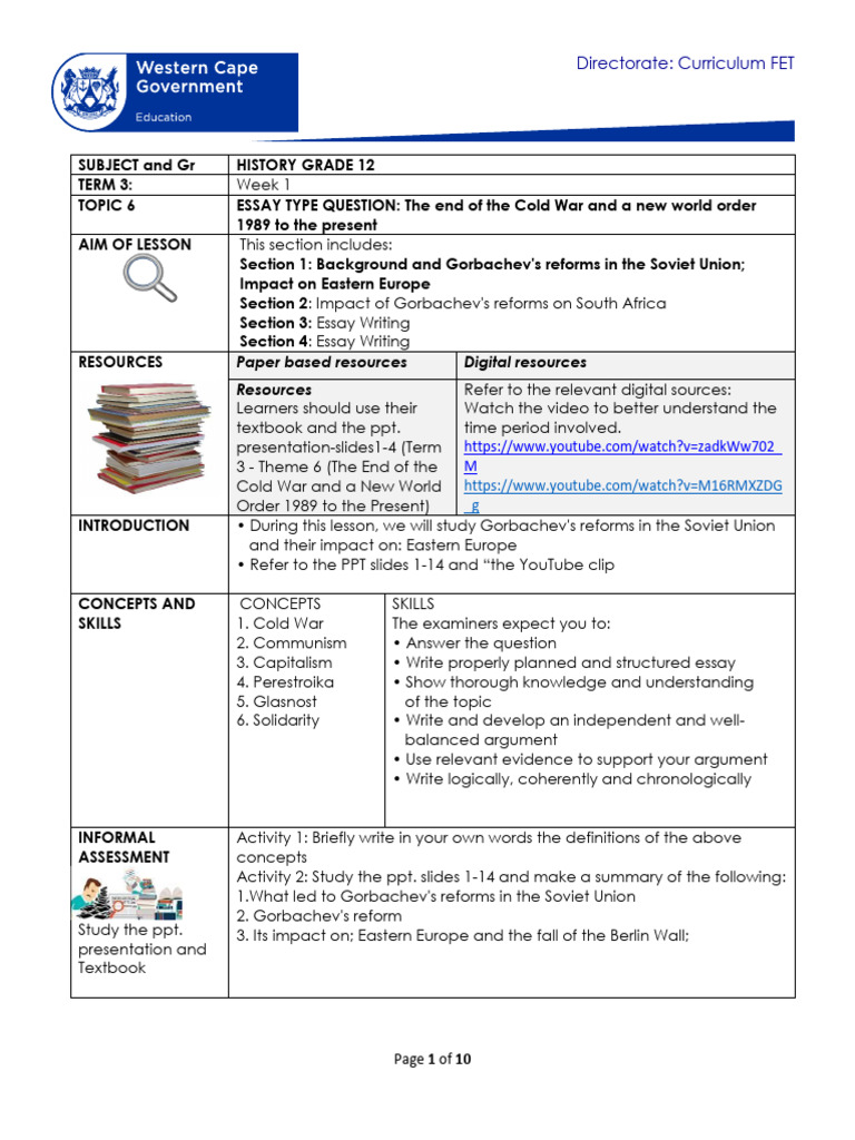 History Grade 12 Term 3 Week 1 - 2020 | PDF | Essays | Cost Of Living
