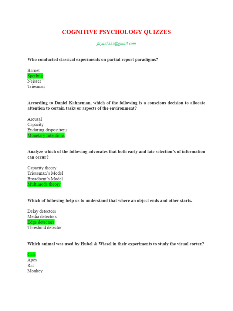 Cognitive Psychology Quizzes | PDF | Memory | Working Memory
