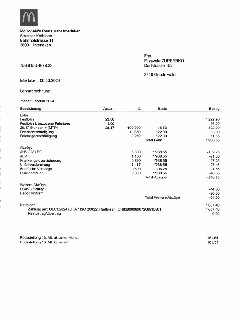 Lohnabrechnung Februar 2024 E. ZHURBENKO | PDF