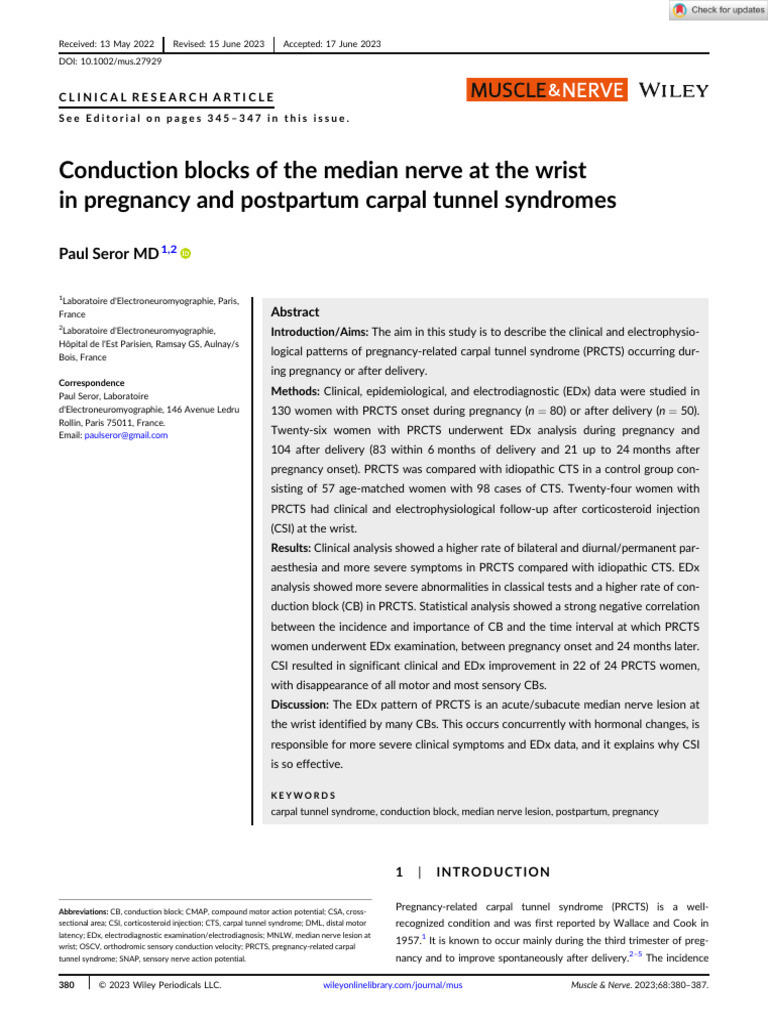 Muscle and Nerve - 2023 - Seror - Conduction Blocks of The Median Nerve ...