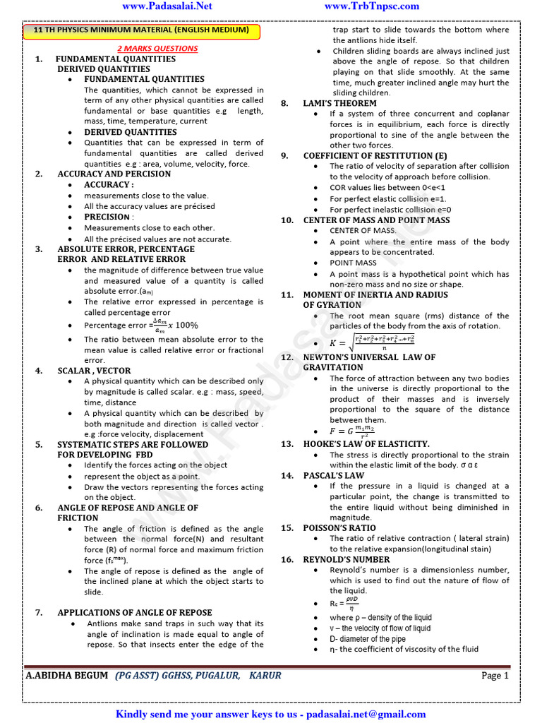 11th Physics EM Slow Learners Study Materials English Medium PDF Download | PDF | Force ...
