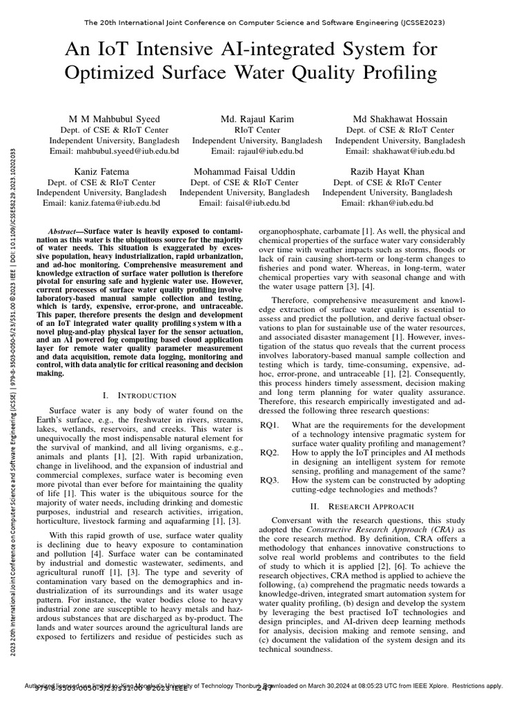 An IoT Intensive AI-integrated System For Optimized Surface Water Quality Profiling-JCSSE-2023 ...