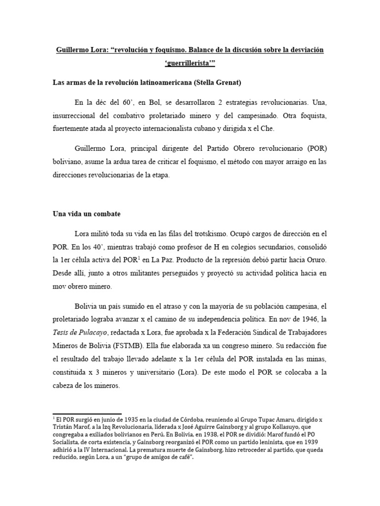 Guillermo Lora: Crítica al Foquismo | PDF | Guerra de guerrillas | Bolivia