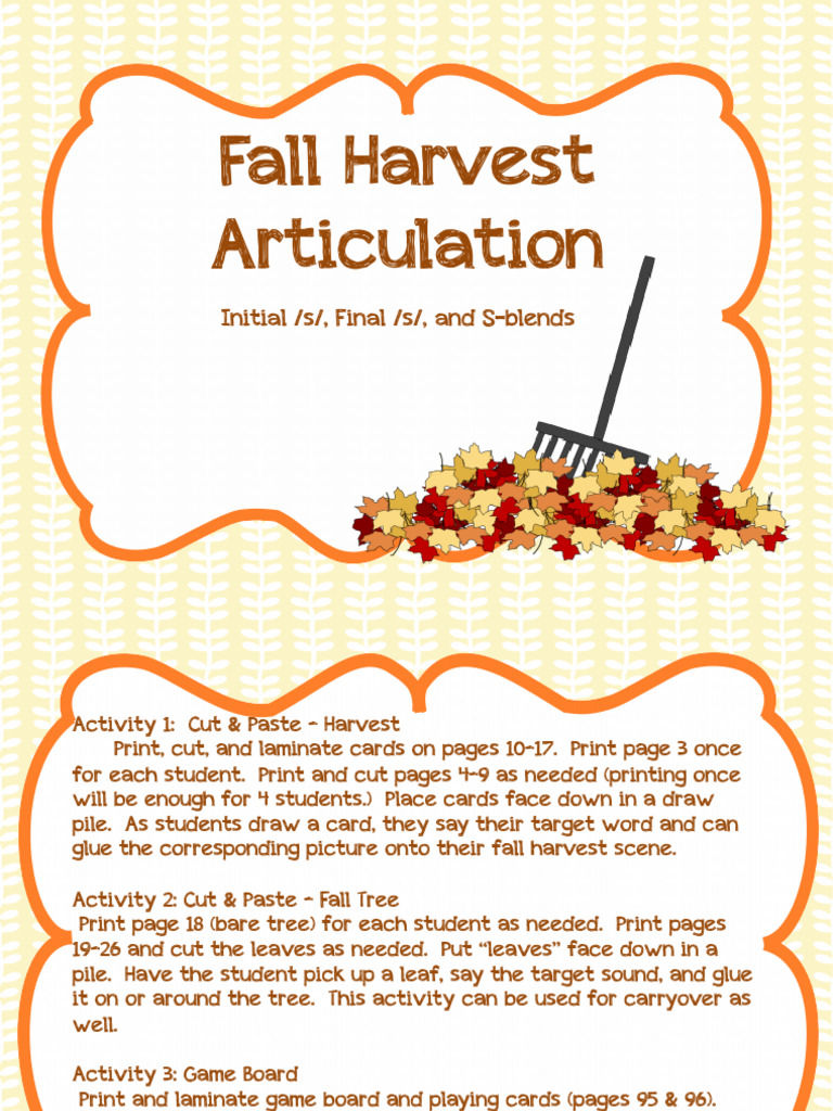 Fall Harvest Articulation: Initial /S/, Final /S/, and S-Blends | PDF