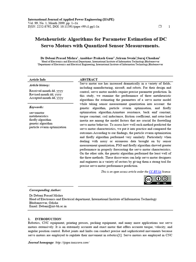 Metaheuristic Algorithms For Parameter Estimation Of Dc Servo Motors 8206