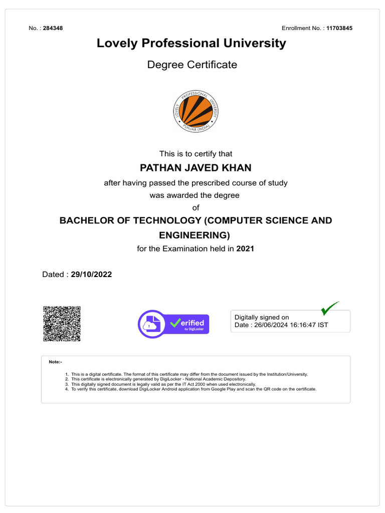 DigiLocker Degree Certificate for B.Tech | PDF