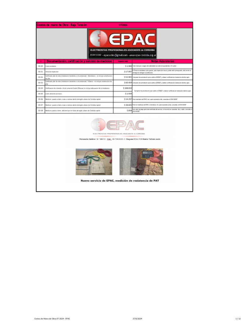 Costos de Mano de Obra 07-2024 - EPAC | PDF | Automatización | Equipo eléctrico
