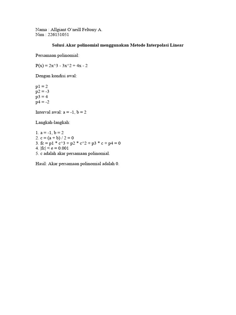 Solusi Akar Polinomial Menggunakan Metode Interpolasi Linear | PDF | Metode & Bahan Ajar