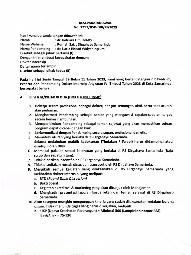 Kesepakatan Awal RSU Dirgahayu | PDF
