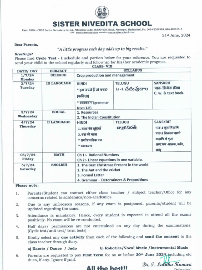 Class Viii Cycle Test Time Table | PDF