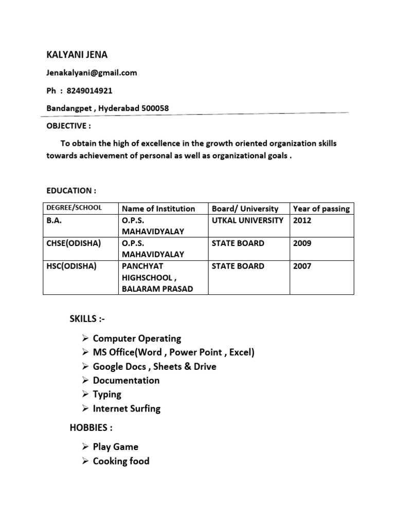 Kalyani Jena - Resume and Skills Summary | PDF | Career & Growth
