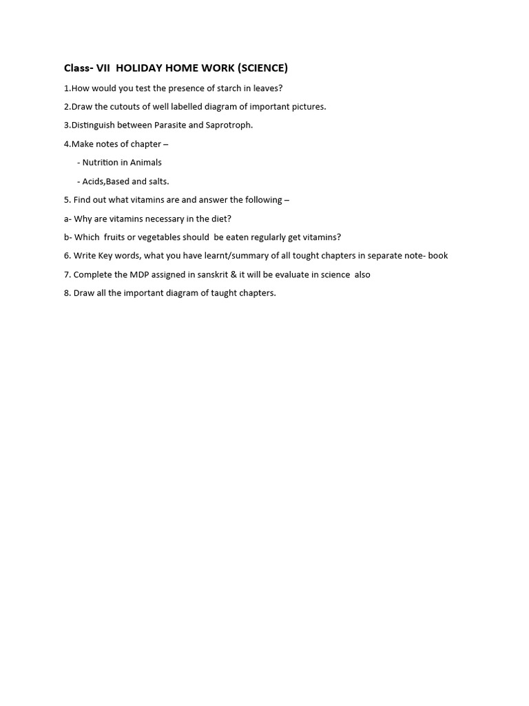 Class VII Science Holiday Homework Guide | PDF | Wellness