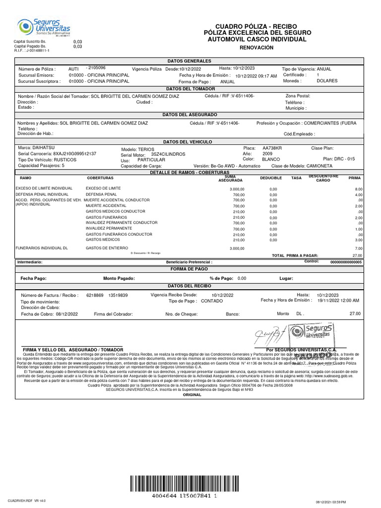 Brigitte Gomez RCV Terios | PDF | Póliza de seguros | Seguro