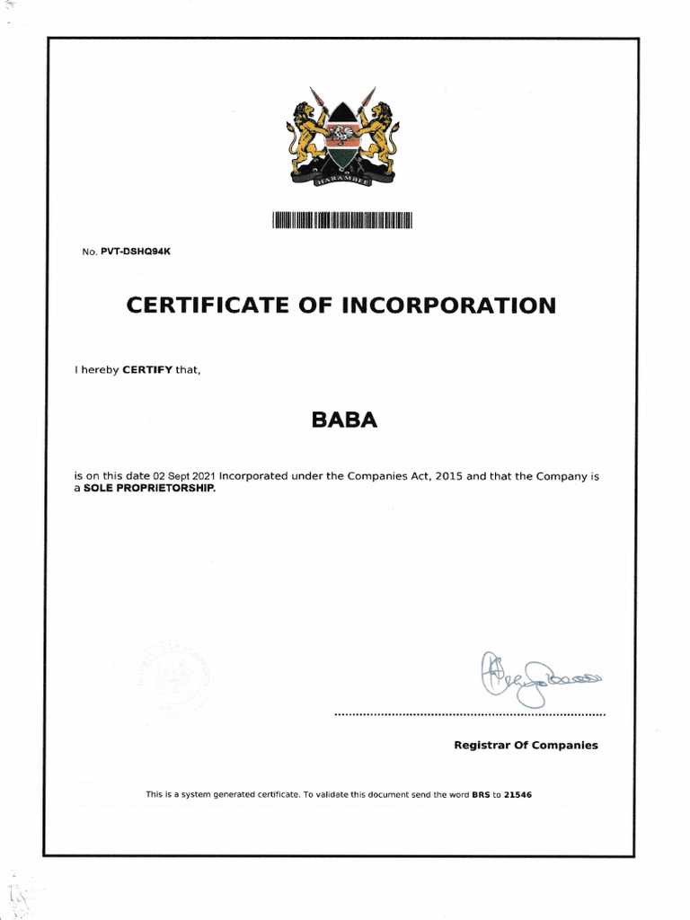 Certificate of Incorporation for Baba | PDF