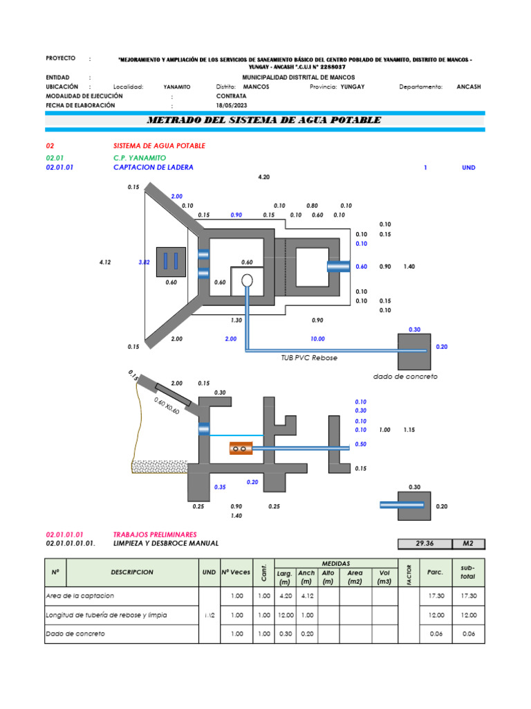02.planilla de Metrados Agua Potable Yanamito | PDF | Higiene | Alcantarillado