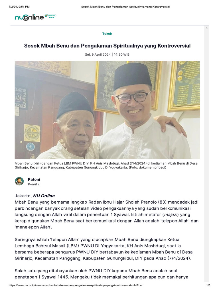 Sosok Mbah Benu Dan Pengalaman Spiritualnya Yang Kontroversial | PDF